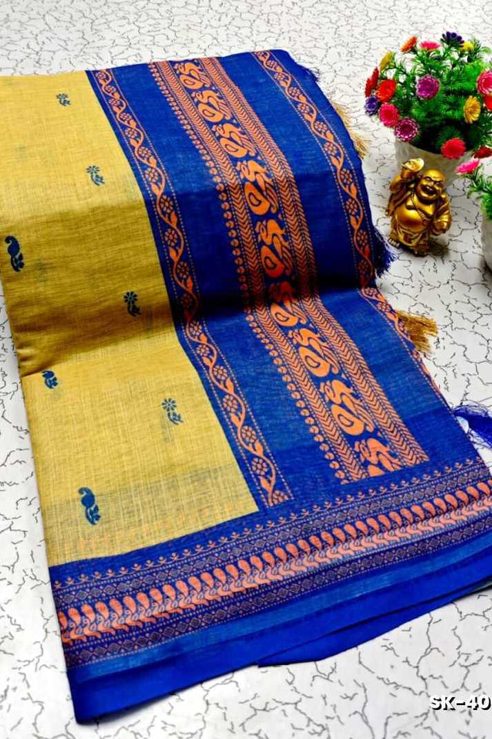 DIGITAL PRINTING KALIYANI LINEN COTTON SAREES - LEMON COLOUR