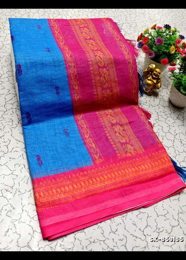 Digital printing kaliyani linen cotton sarees - blue shade