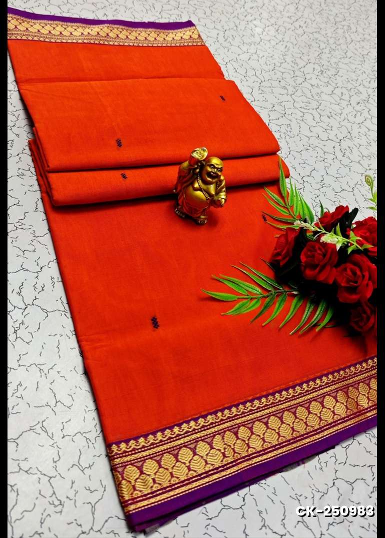 Pure cotton jari border sarees summer special collection - tomato colour