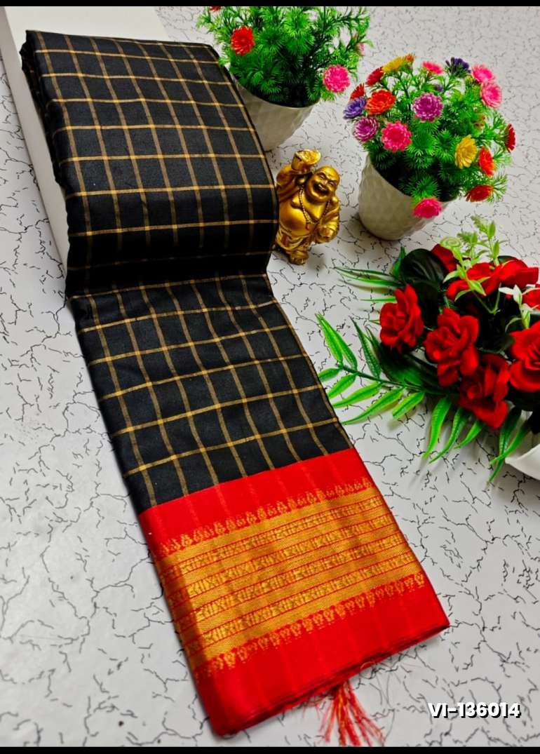 Traditional checked silk saree premium design border zari design - black